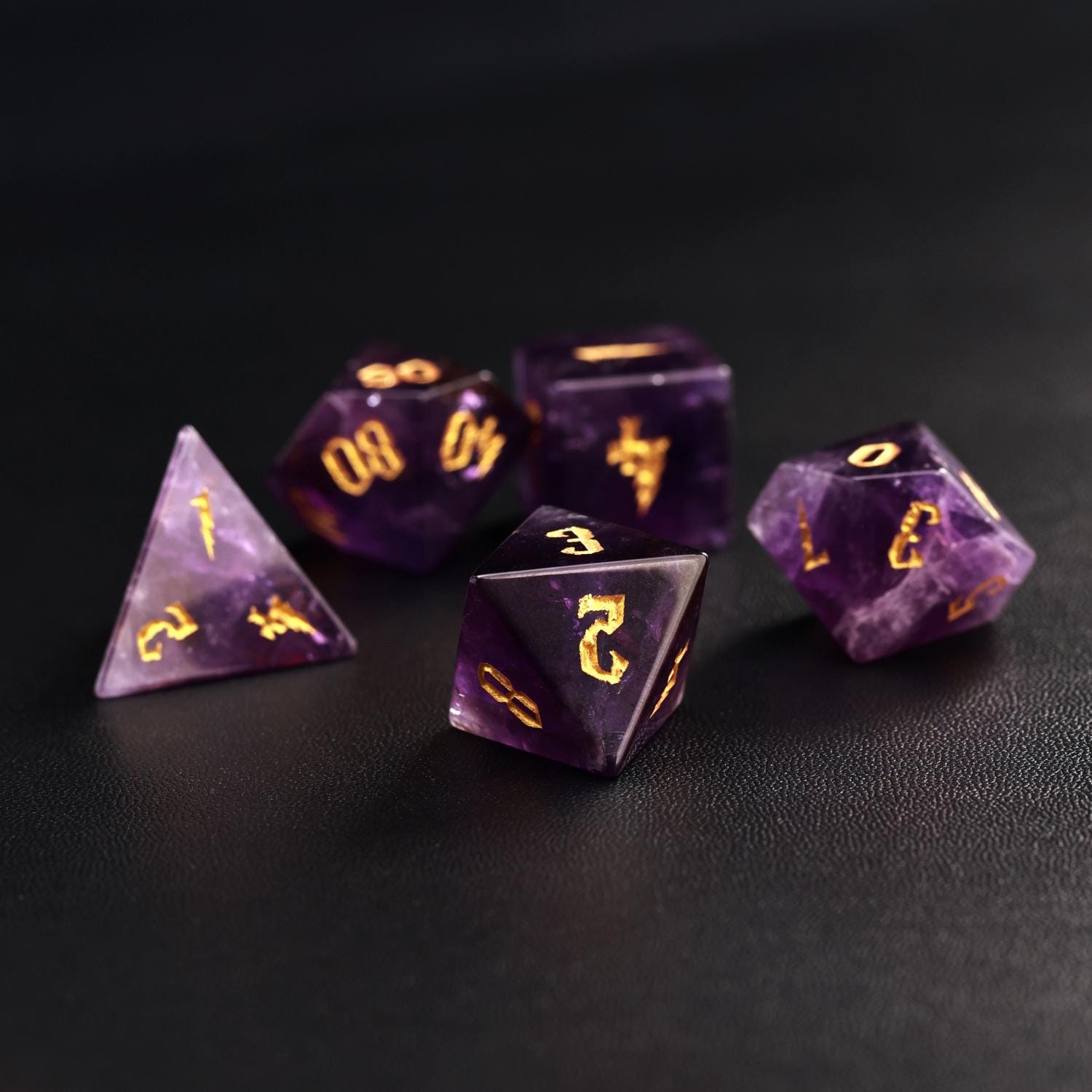 Purple Crystal DND Dice Set – Handmade Engraved/carving Amethyst for ...