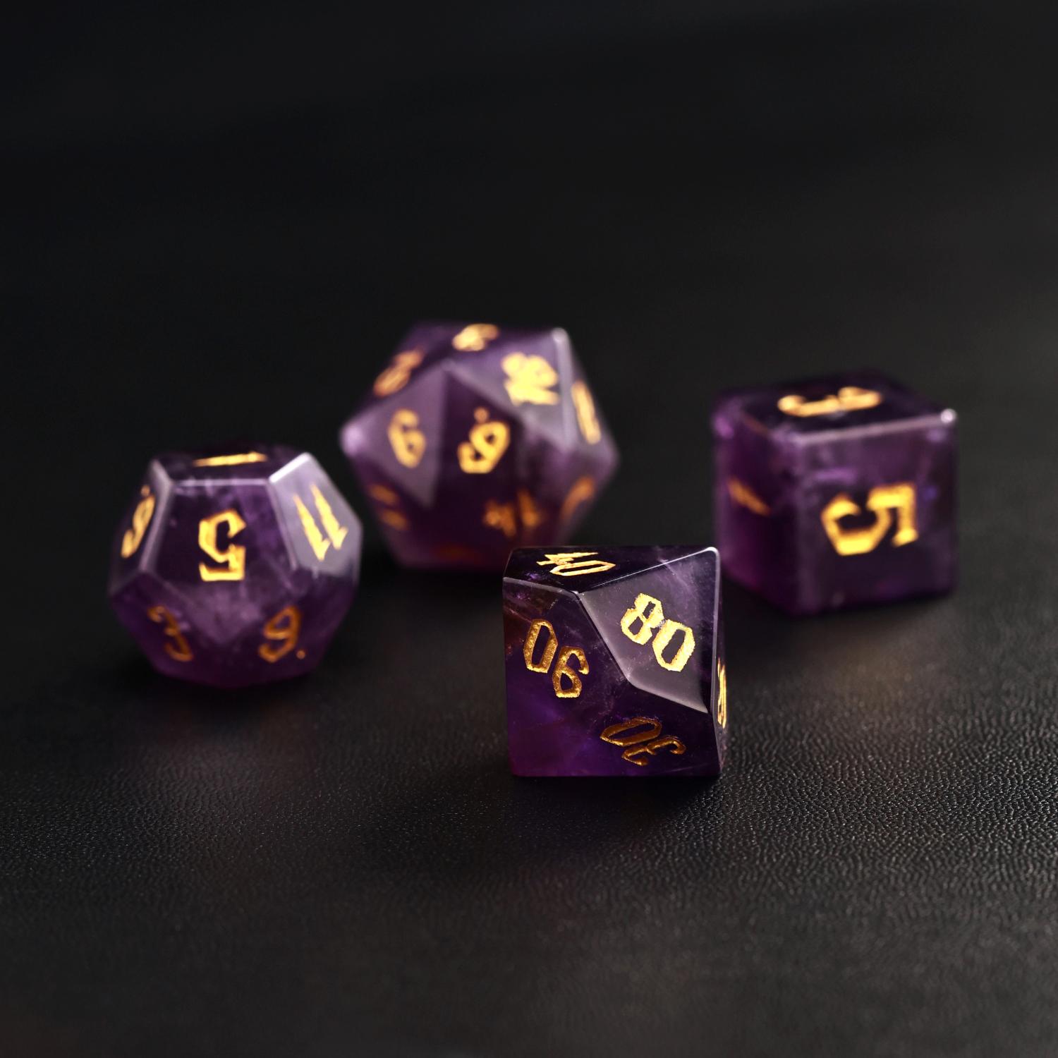 Purple Crystal DND Dice Set – Handmade Engraved/carving Amethyst for ...