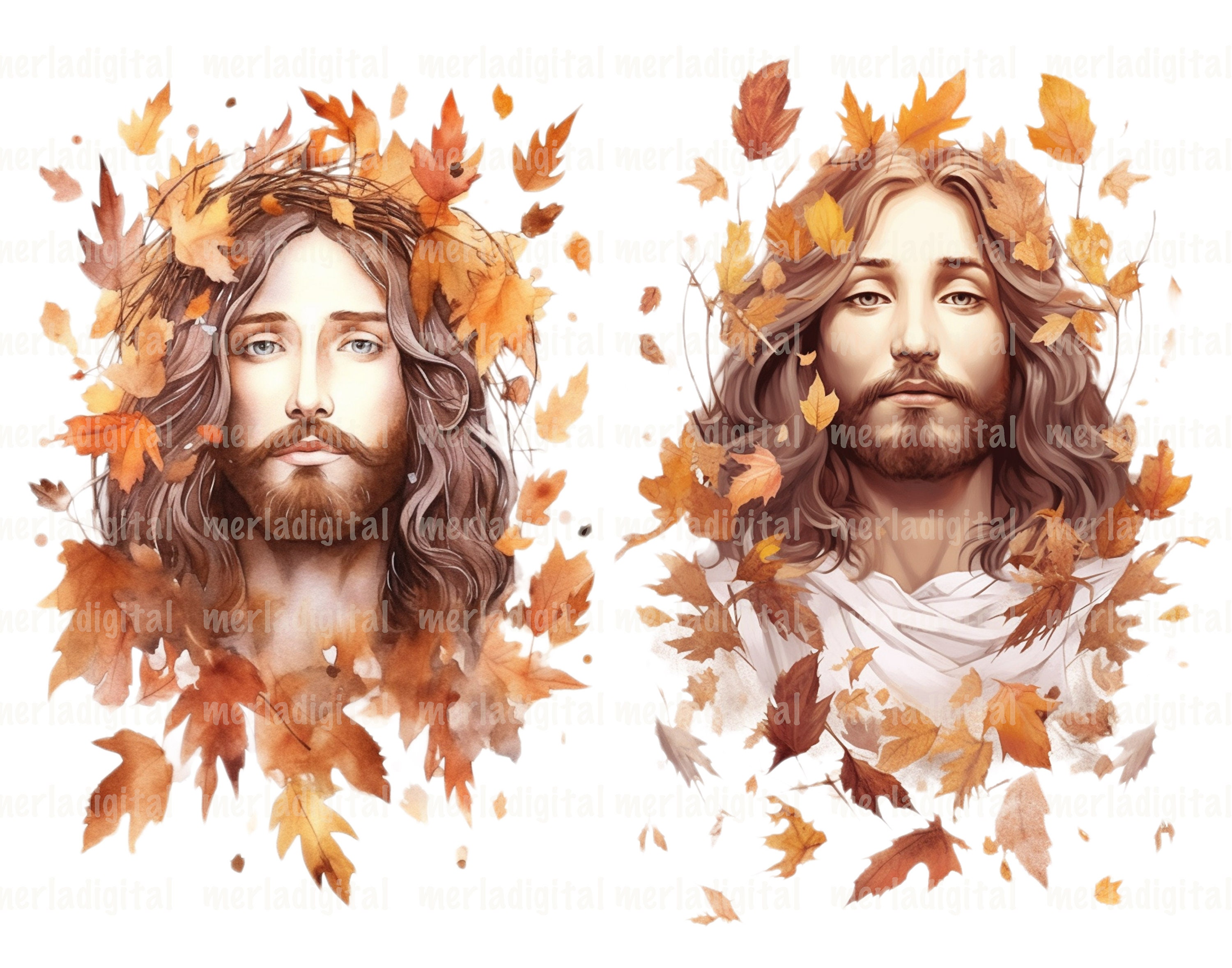 Watercolor Jesus Clipart, Autumn Leaves Christian PNG Bundle (digital ...