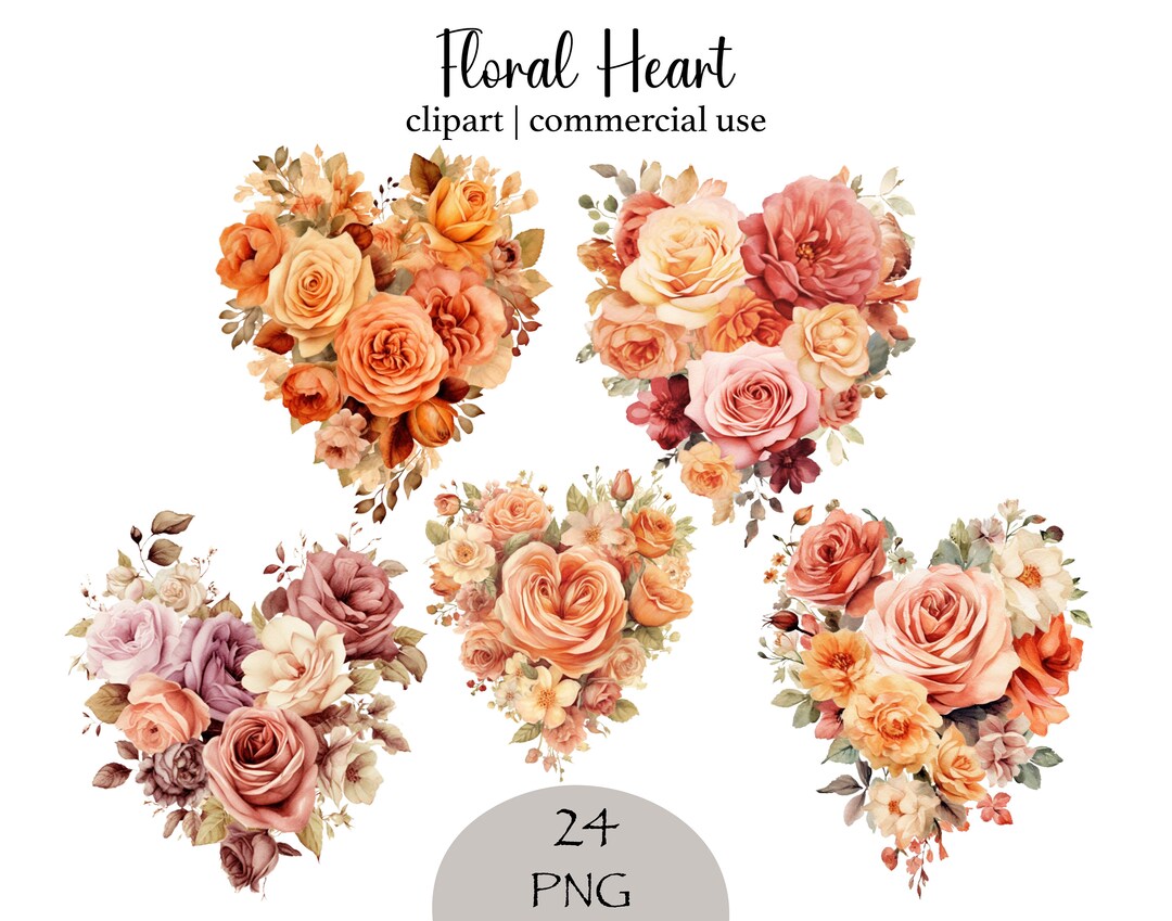 Watercolor Heart Flower Clipart Boho Floral Heart Valentines Day ...