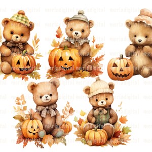 Autumn Watercolor Bear Pumpkin Clipart, Fall Animal Png, Kids Fall ...