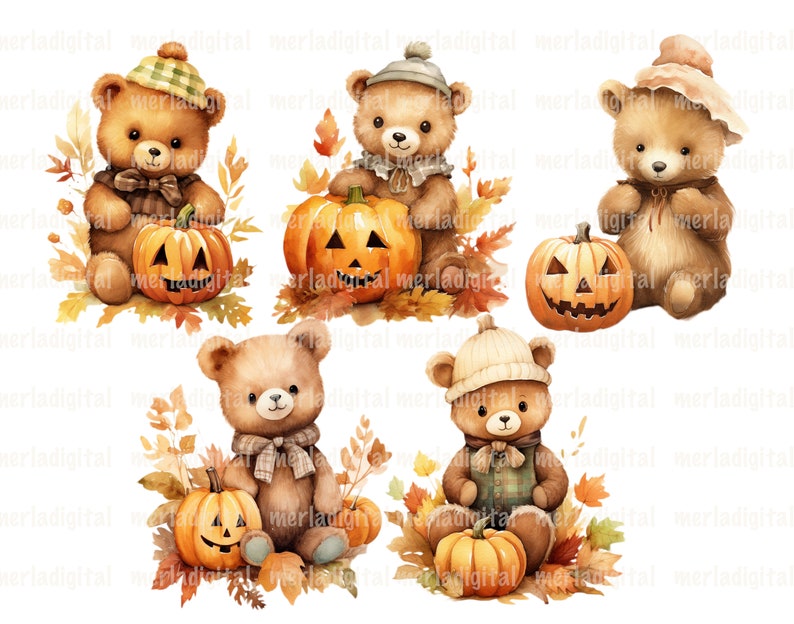 Autumn Watercolor Bear Pumpkin Clipart, Fall Animal Png, Kids Fall ...