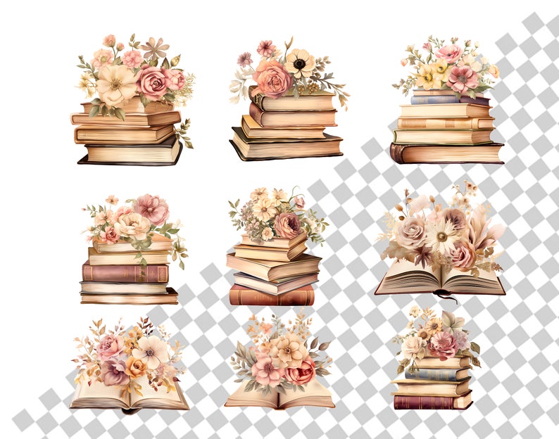 Floral Book Clipart Vintage Book Stack Png Watercolor Clipart Fantasy ...