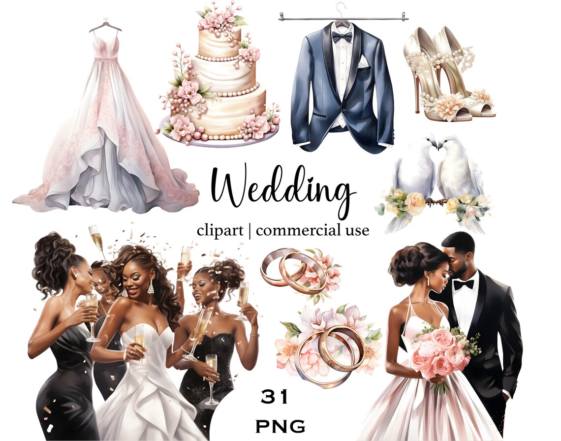 African American Wedding Clipart: Bride & Groom PNG Set (digital ...