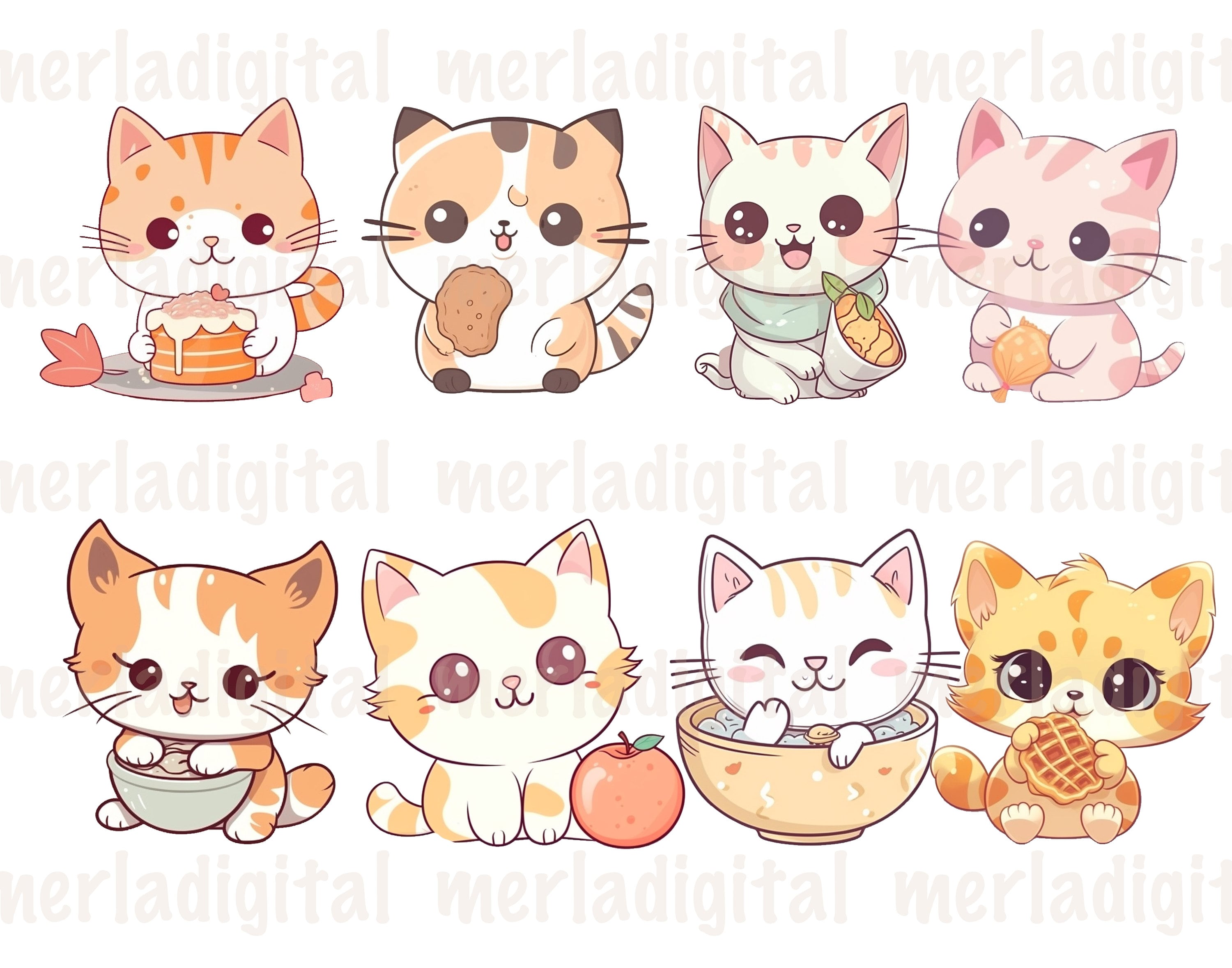 Cute Funny Cats Clipart Kawaii Cats Adorable Kittens Cat Illustration ...