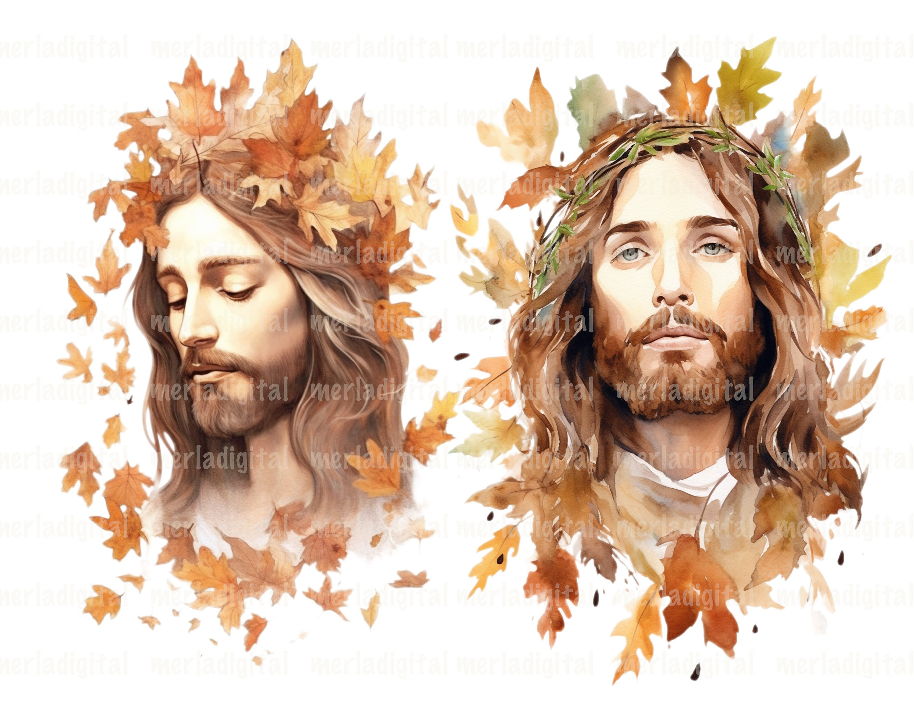 Watercolor Jesus Clipart, Autumn Leaves Christian PNG Bundle (digital ...