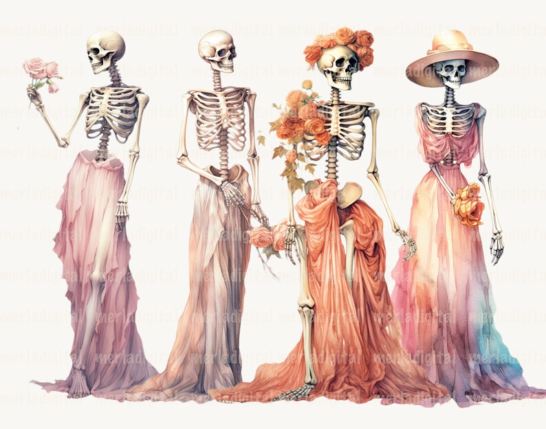 Watercolor Skeleton Clipart Vintage Skeleton in Dress PNG Halloween ...