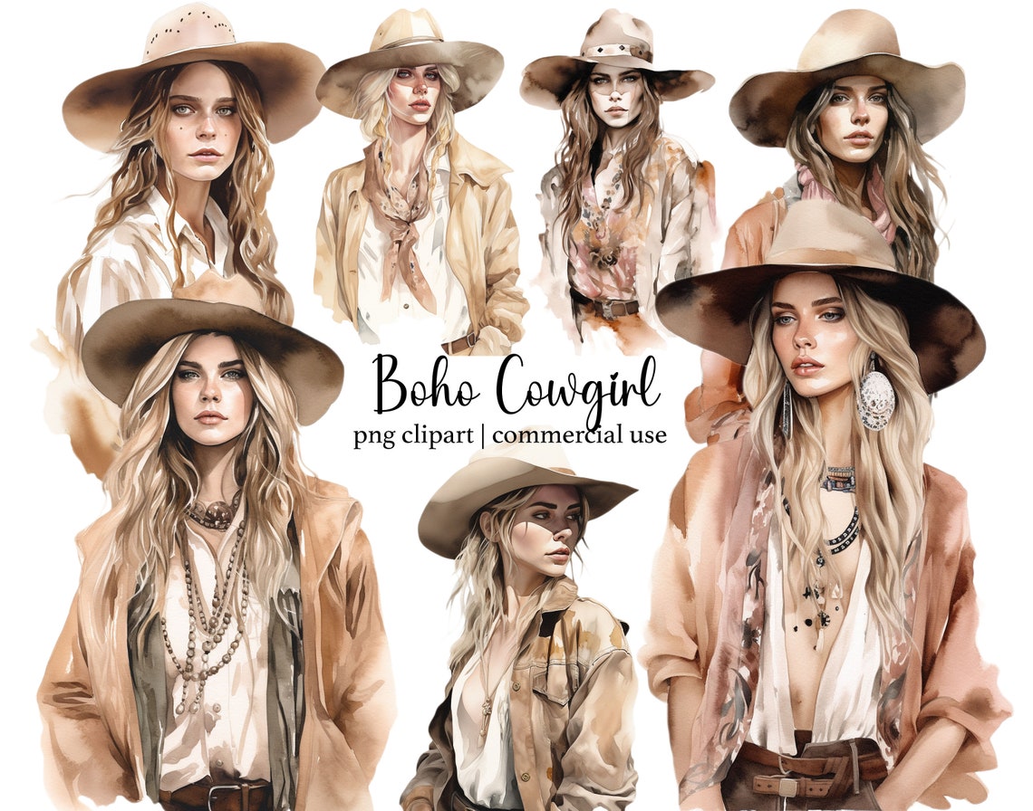 Watercolor Western Clip Art Bundle Cowgirl Png Western Boho Clipart ...