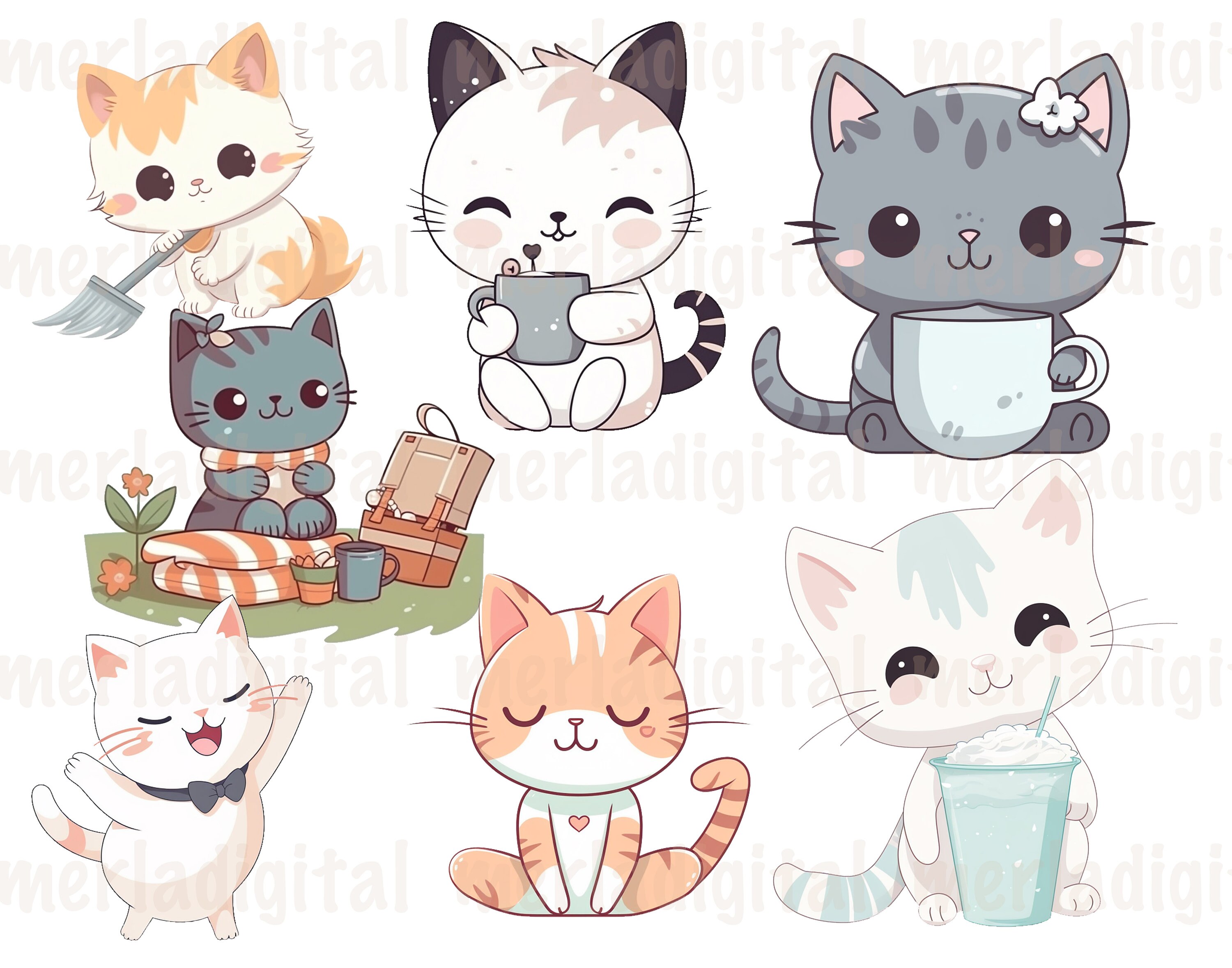 Cute Funny Cats Clipart Kawaii Cats Adorable Kittens Cat Illustration ...