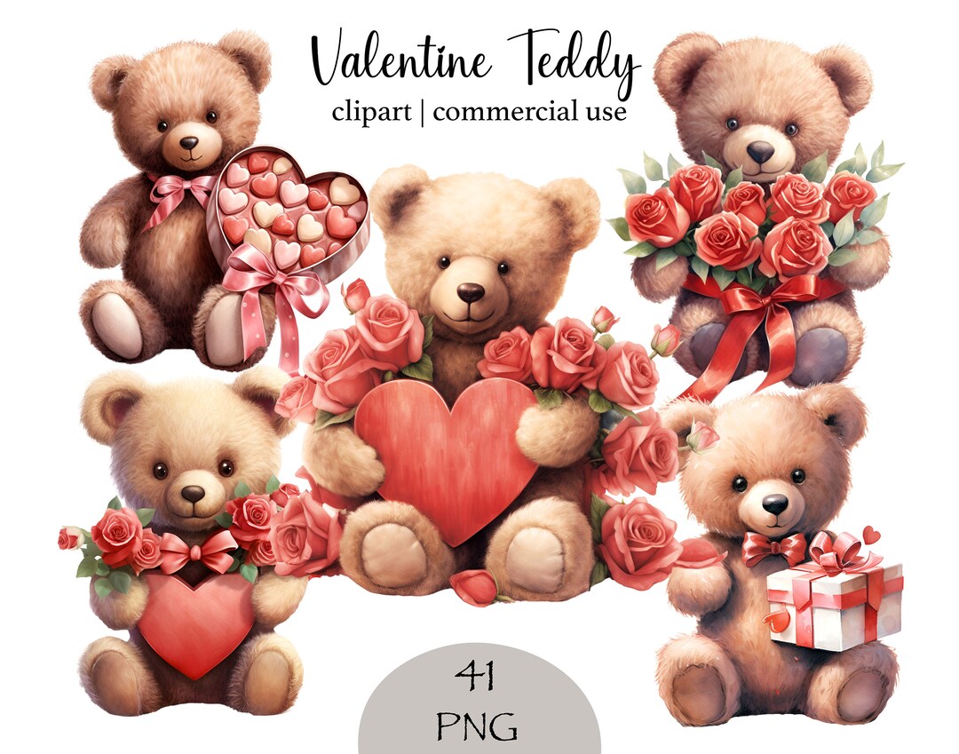 Valentines Teddy Bear Clipart Bundle Roses Valentines Day Clipart ...