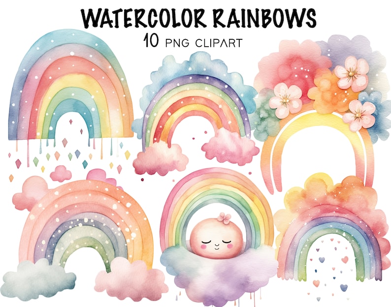 Watercolor Rainbows Clipart, Cute Nursery Watercolor Clip Art Png ...