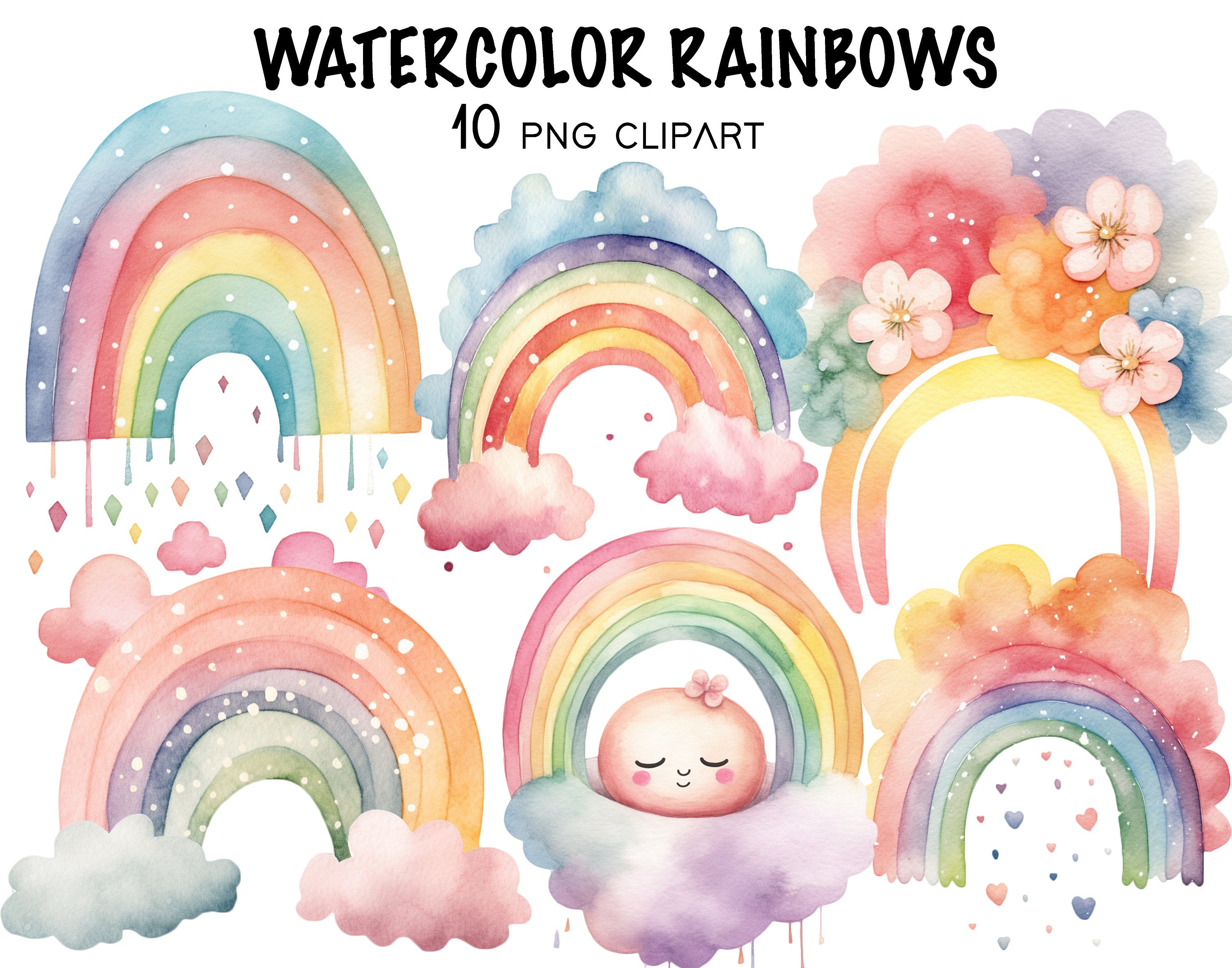 Watercolor Rainbows Clipart, Cute Nursery Watercolor Clip Art Png ...