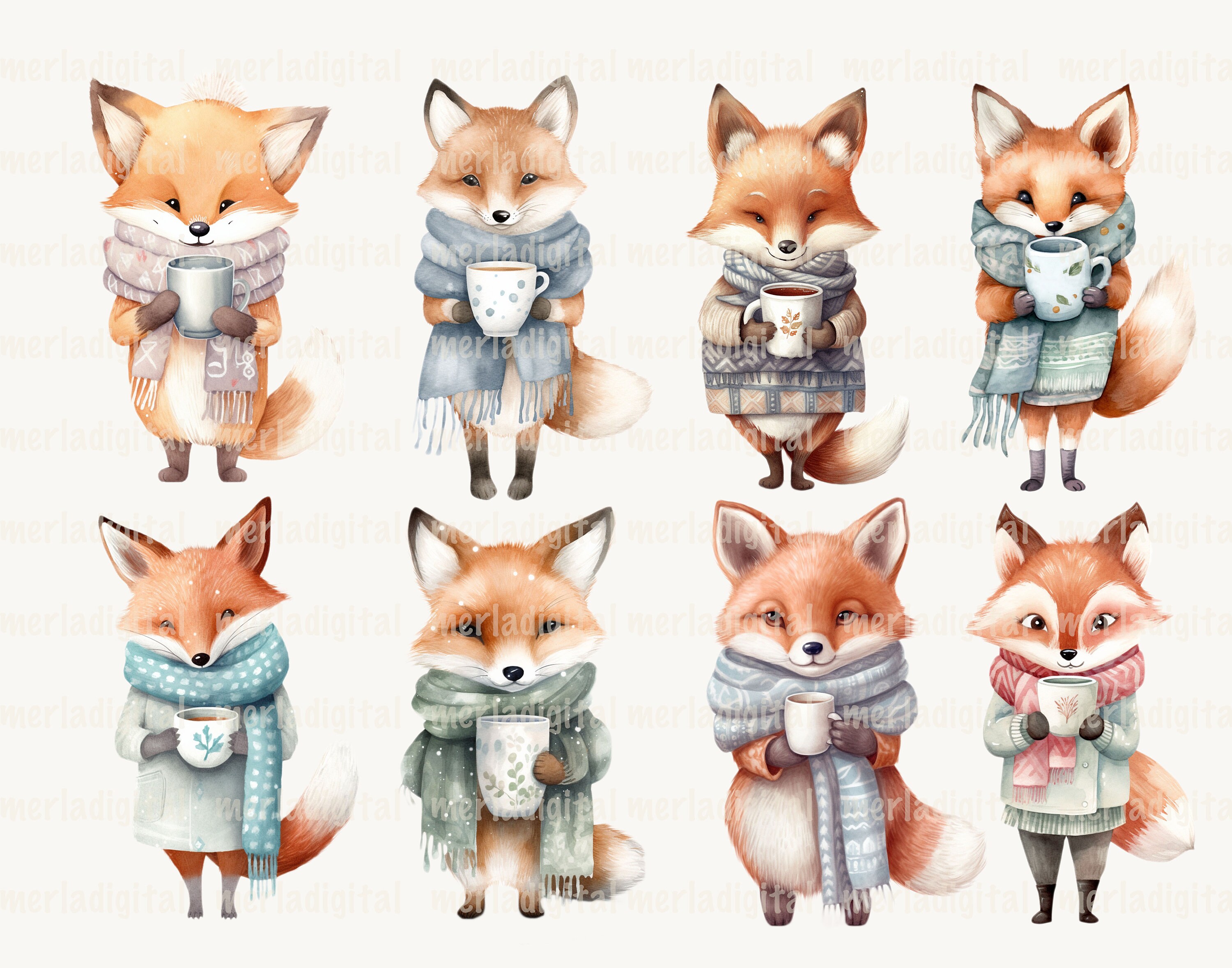 Watercolor Winter Fox Clipart Bundle (PNG Digital Download) - Etsy
