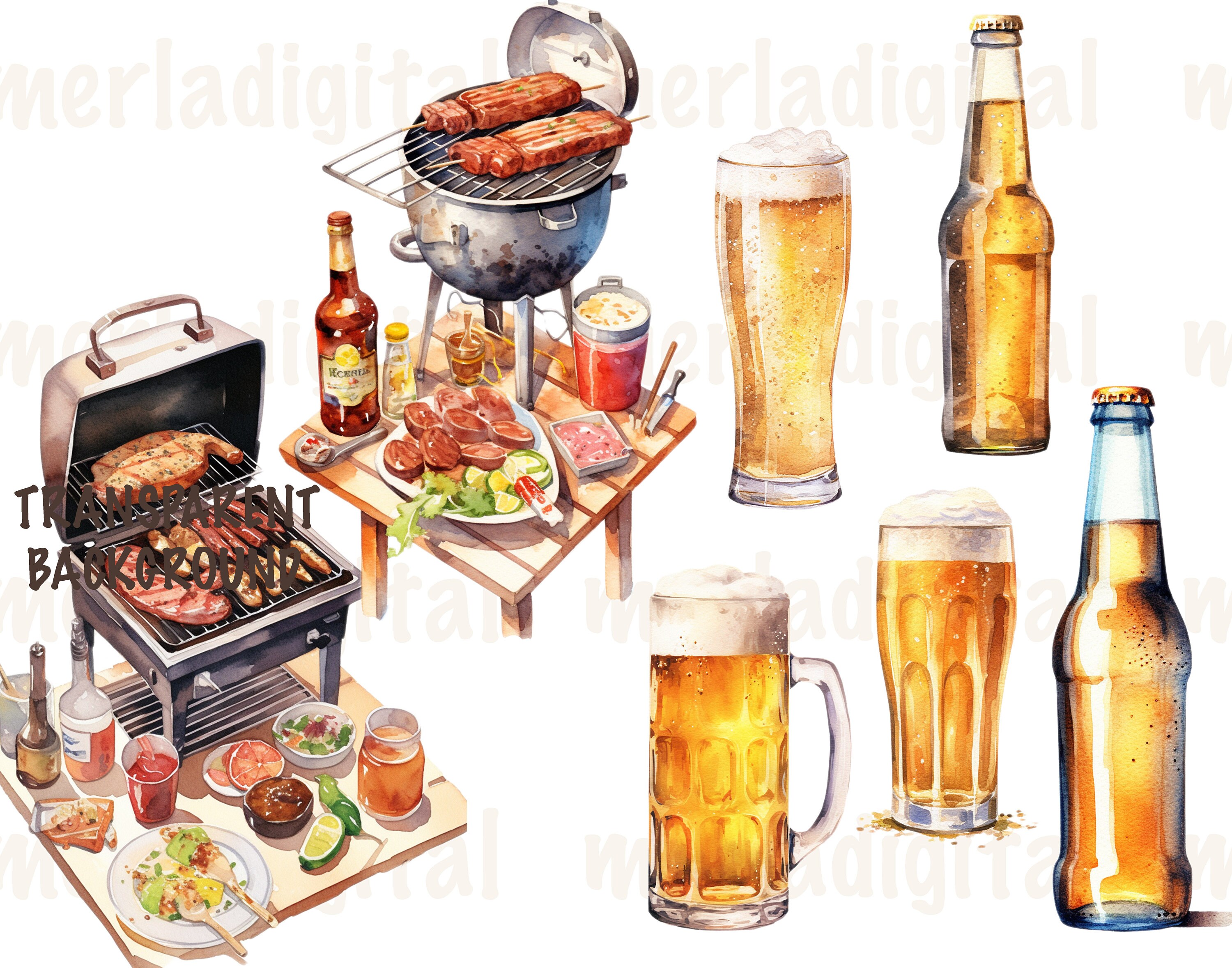 Watercolor Beer BBQ Clipart, Burger Bbq Digital Png, Beer, Drink and ...