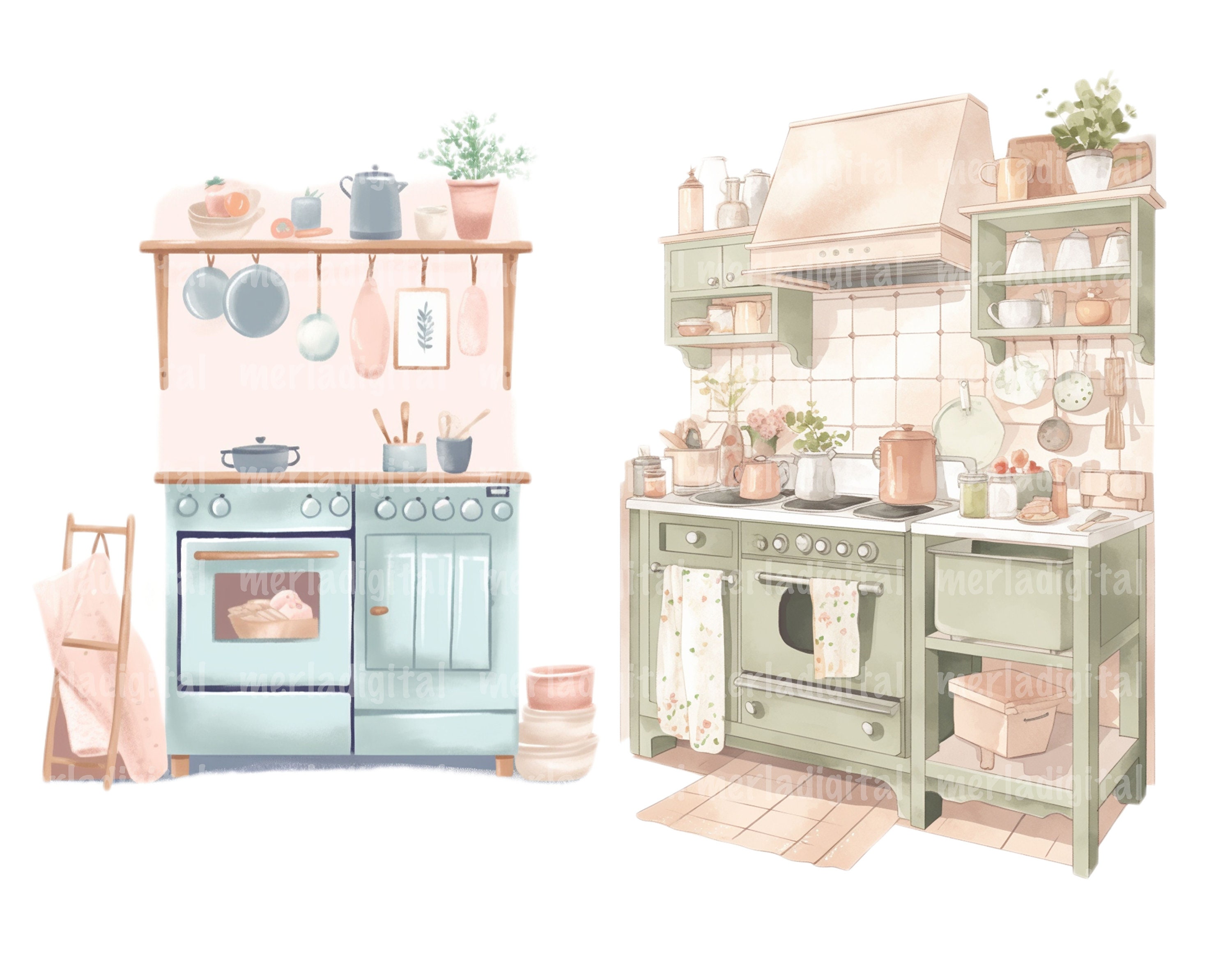Country Kitchen Clipart Boho Kitchen Watercolor Rustic Cooking Clipart ...