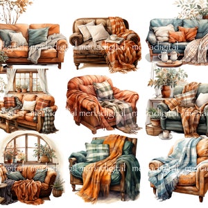 Watercolor Cozy Couch PNG Clipart Boho House Clipart Rustic Cozy House ...