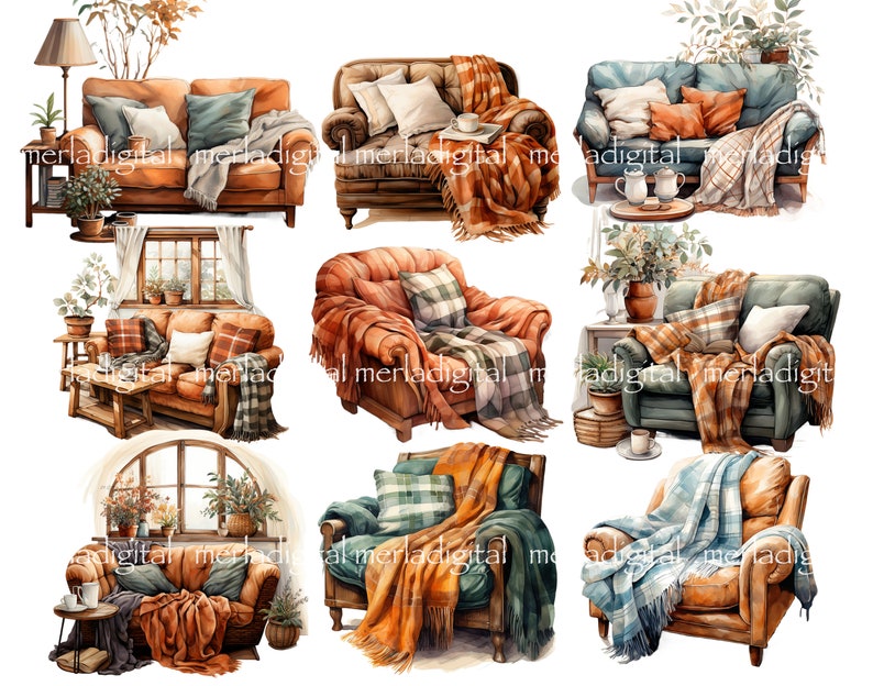 Watercolor Cozy Couch PNG Clipart Boho House Clipart Rustic Cozy House ...