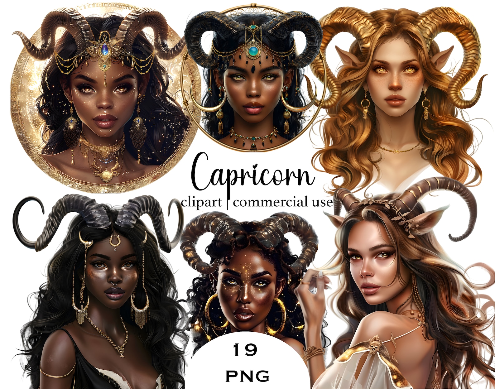 Zodiac Capricorn Bundle PNG Sublimation Horoscope Fantasy Black Woman Zodiac Celestial Star Sign ...