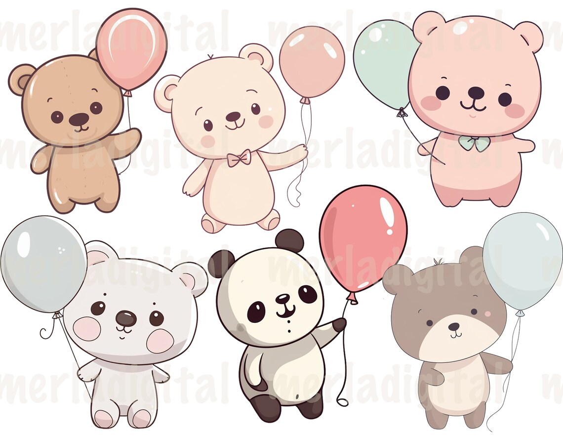 Kawaii Teddy Bear Clipart Balloons Baby Shower Clipart - Etsy