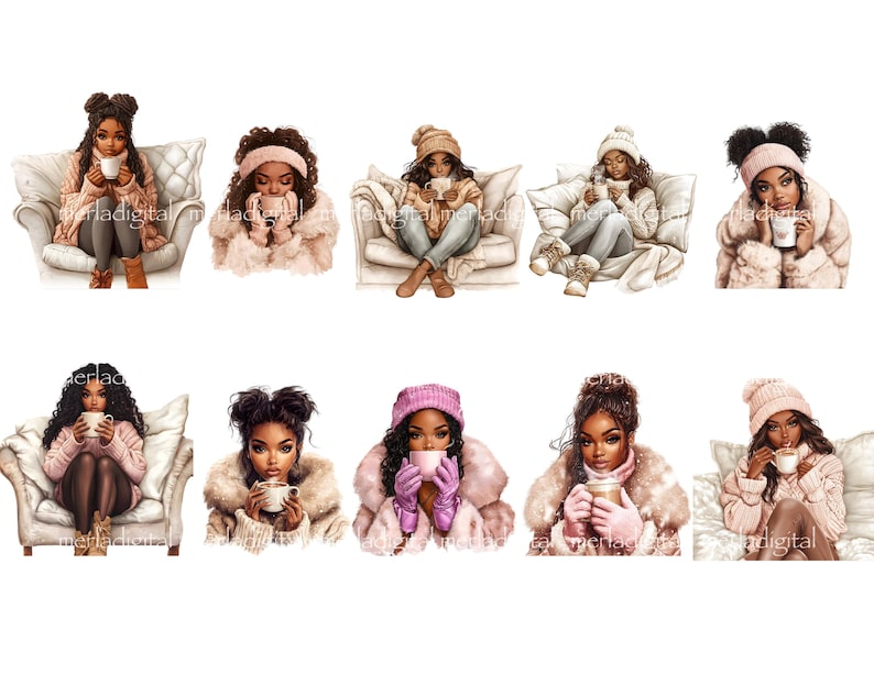 Cozy Winter Black Girl Clipart Bundle: Watercolor Christmas PNG ...