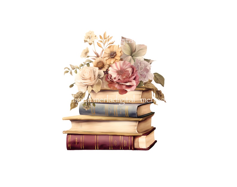Floral Book Clipart Vintage Book Stack Png Watercolor Clipart Fantasy ...