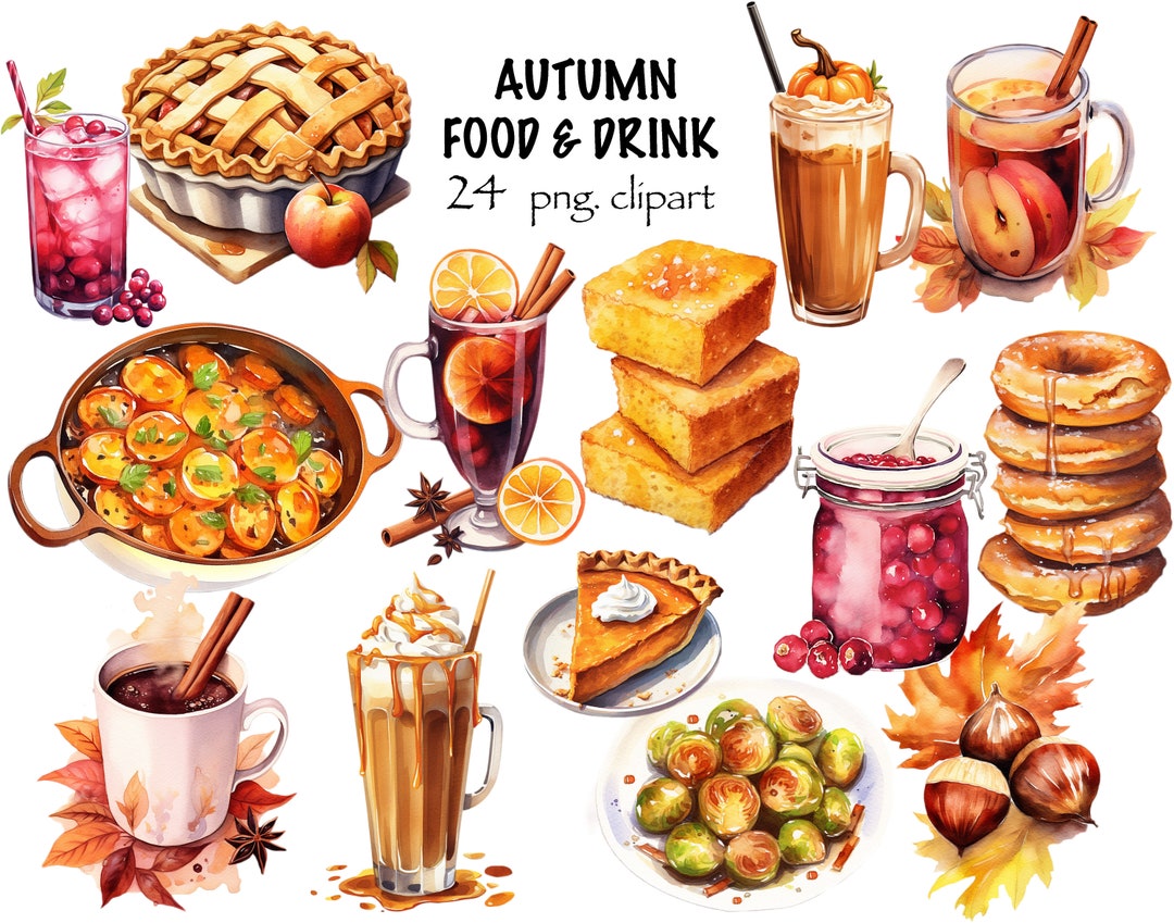 Watercolor Autumn Food and Drink Clipart, Fall Clipart, Fall Season ...