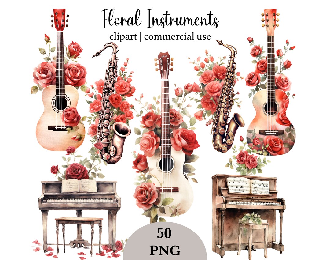Floral Instrument Clipart Red Roses Png Clipart Bundle Printable ...