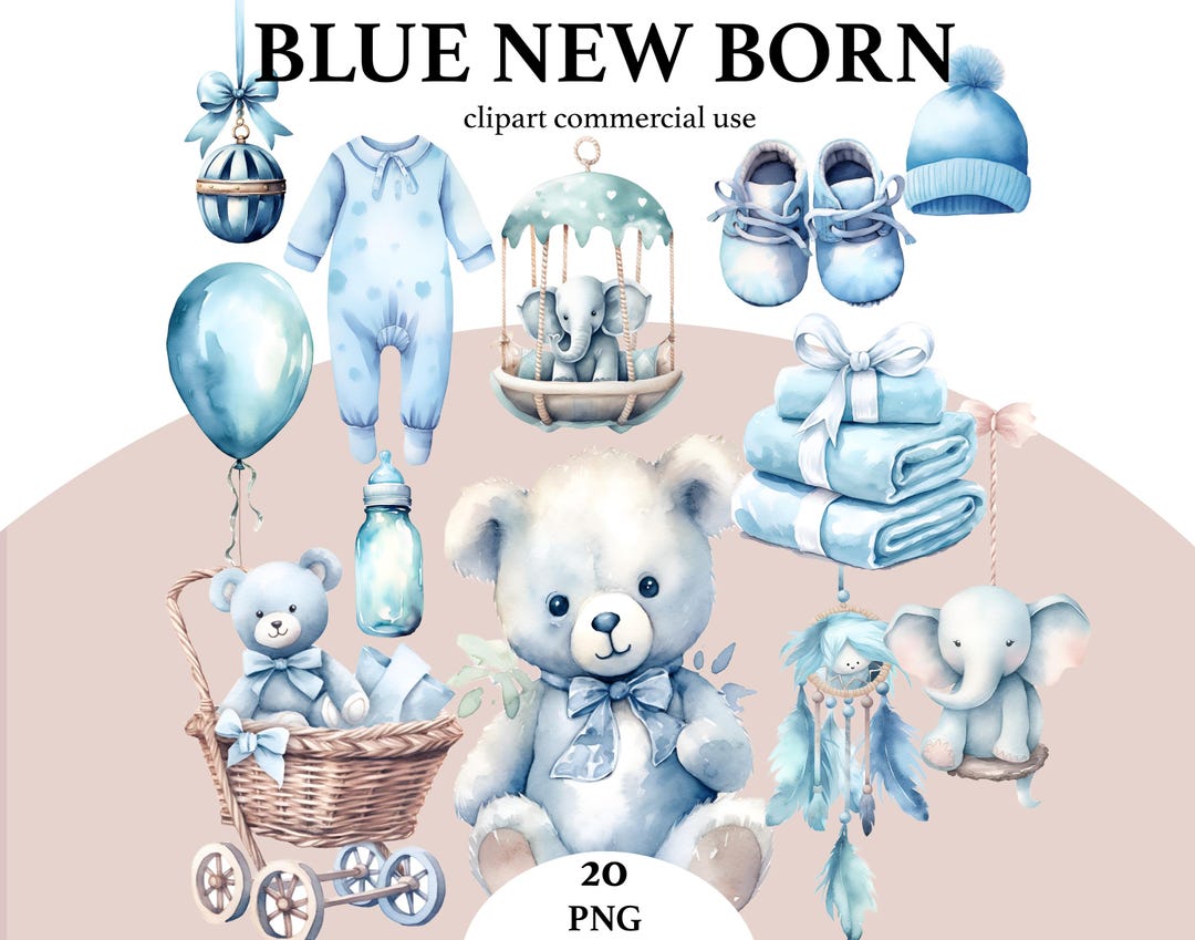 Blue Baby Clipart PNG Bundle | Watercolor Nursery Art (digital Download ...
