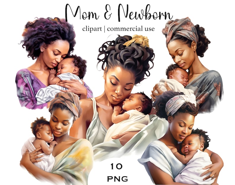 Mother's Day Clipart Black Mom and Baby Png Files Watercolor Black Mom ...