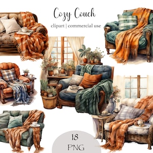 Watercolor Cozy Couch PNG Clipart Boho House Clipart Rustic Cozy House ...