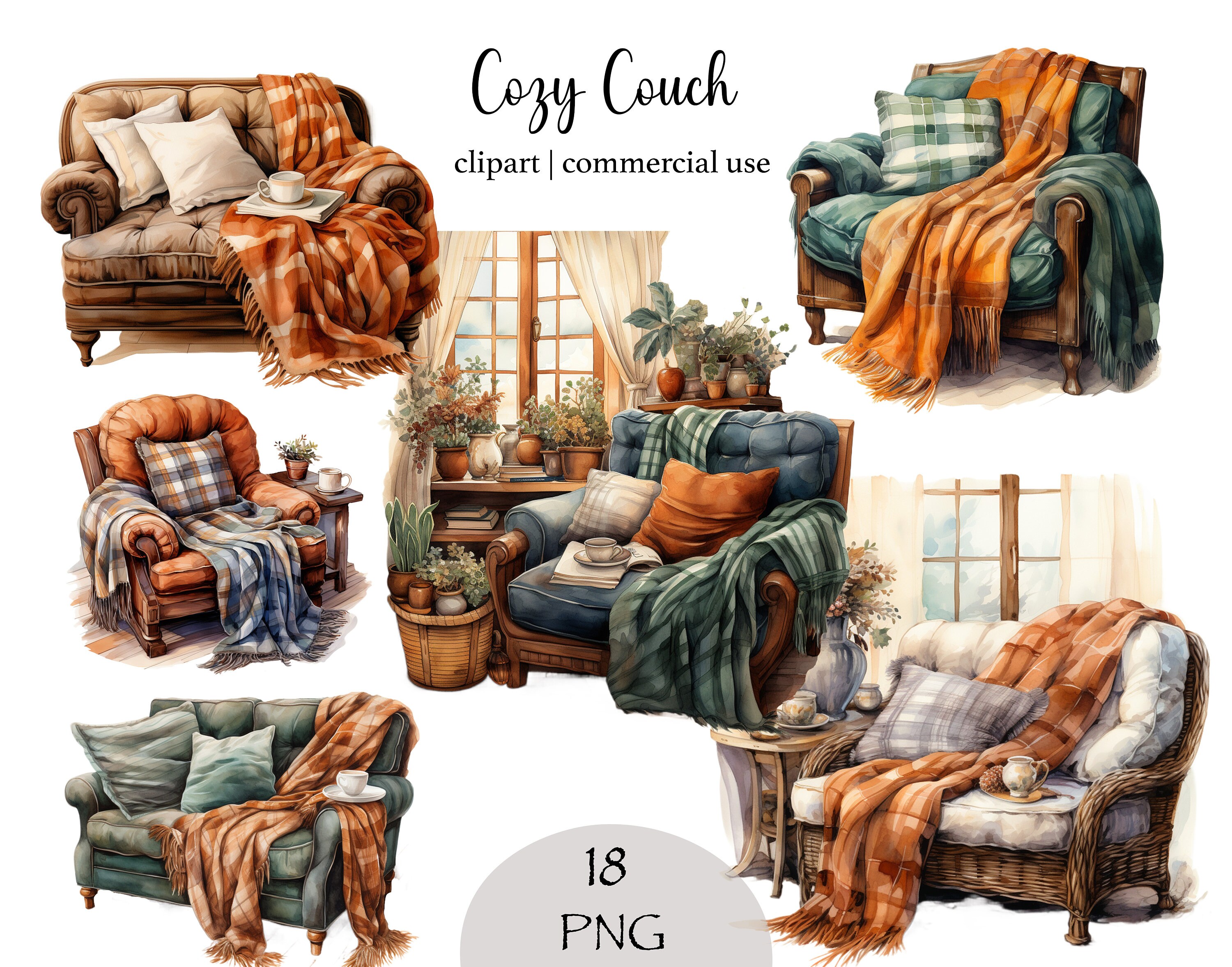 Watercolor Cozy Couch PNG Clipart Boho House Clipart Rustic Cozy House ...