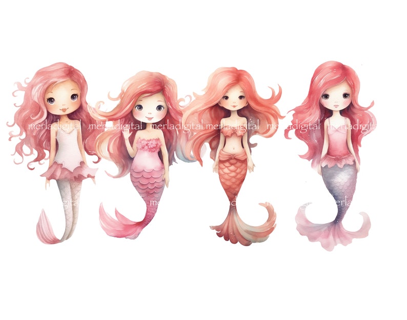 Watercolor Mermaid Clipart Pink Mermaid Kids Clipart Bundle Nursery ...