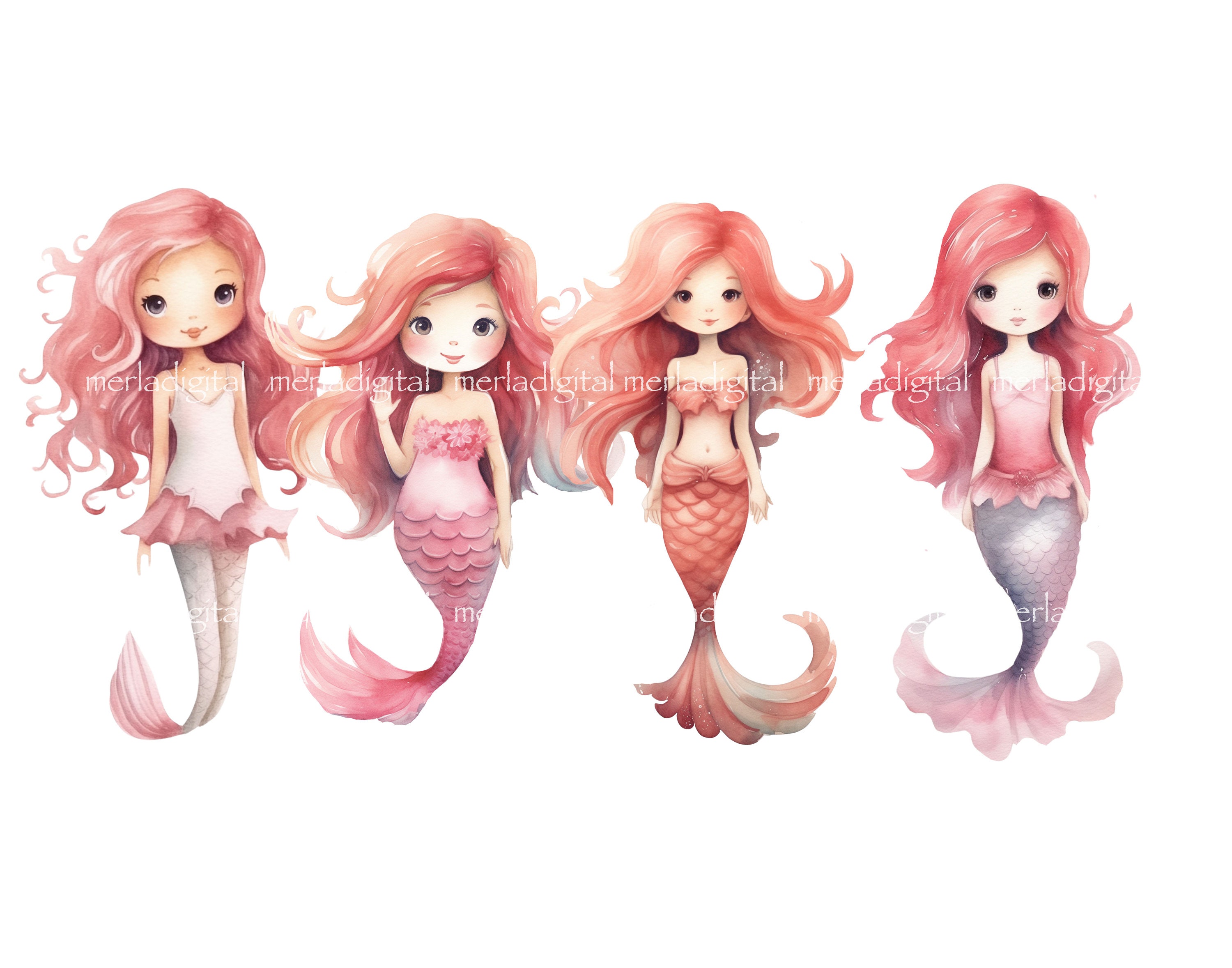 Watercolor Mermaid Clipart Pink Mermaid Kids Clipart Bundle Nursery ...