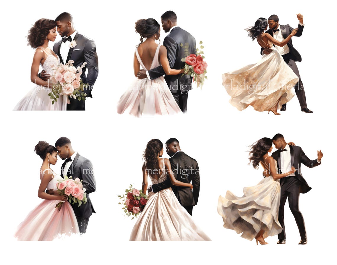 African American Wedding Clipart: Bride & Groom PNG Set (digital ...