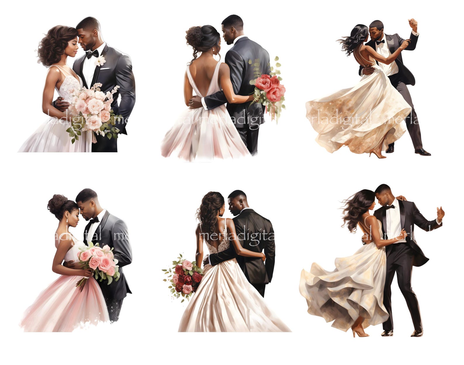 African American Wedding Clipart: Bride & Groom PNG Set (digital ...