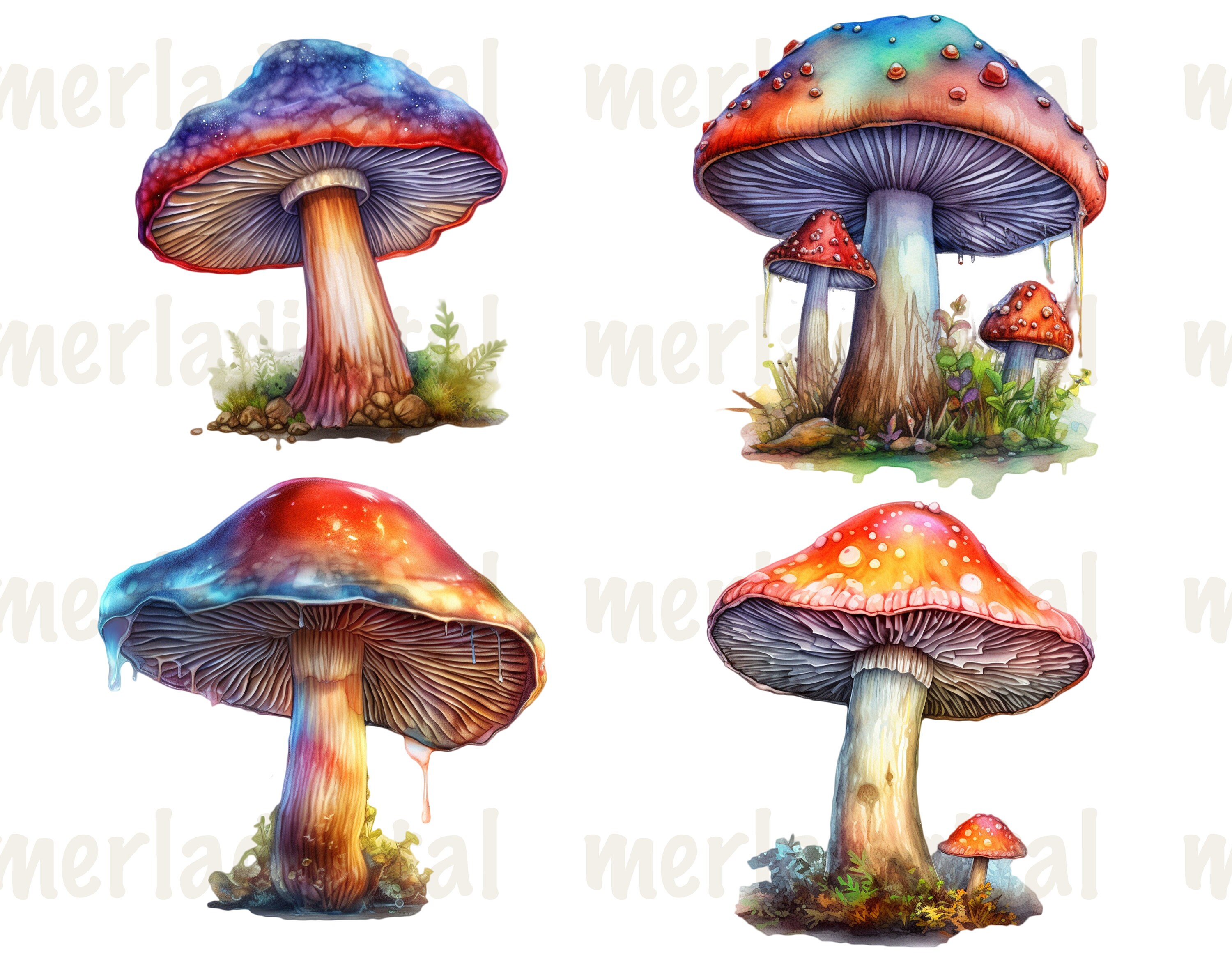 Mushrooms Clipart, Watercolor Colorful Mushrooms, Neon Colors Cute ...