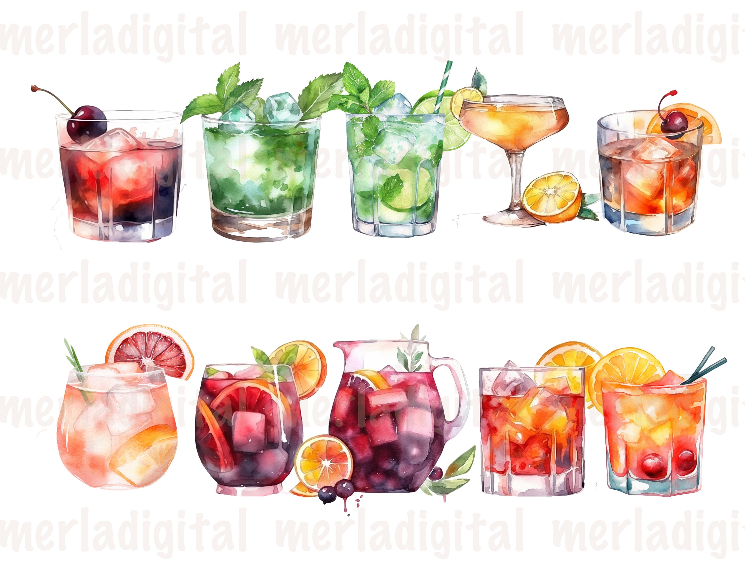 Watercolor Cocktails Clipart, Drinks Illustrations (40 Pngs) (digital ...