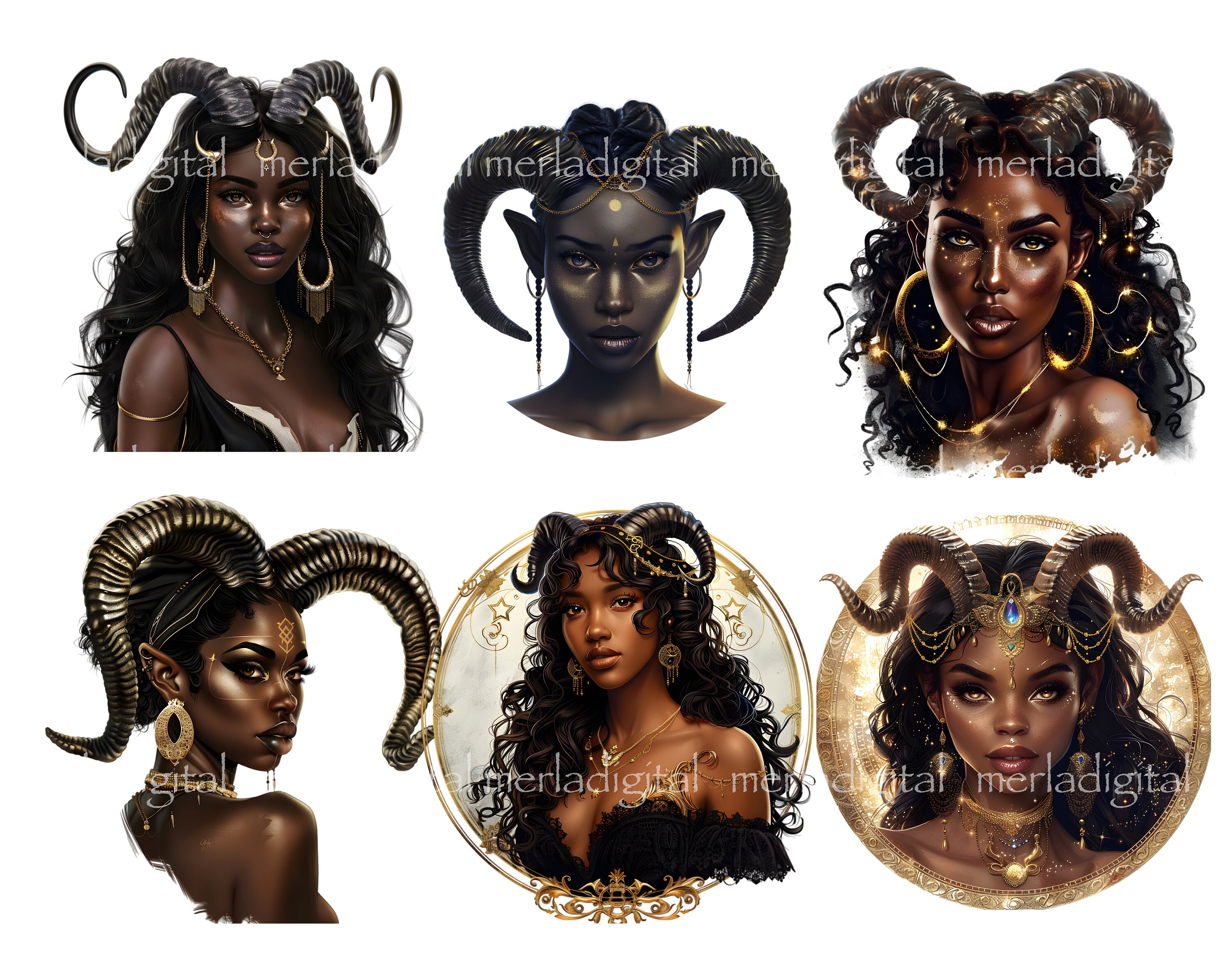 Zodiac Capricorn Bundle PNG Sublimation Horoscope Fantasy Black Woman Zodiac Celestial Star Sign ...