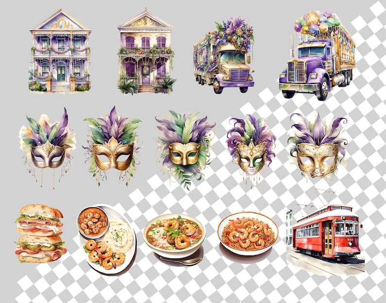 Watercolor Mardi Gras Bundle Clipart PNG New Orleans Graphics King Cake ...