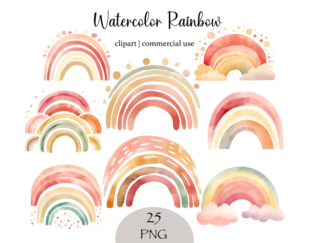 Rainbow Watercolor Clipart Bundle Cute Rainbow Printable Boho Rainbow ...