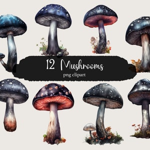 Black Mushroom Watercolor Clipart Watercolor Magical Fantasy Mushrooms ...