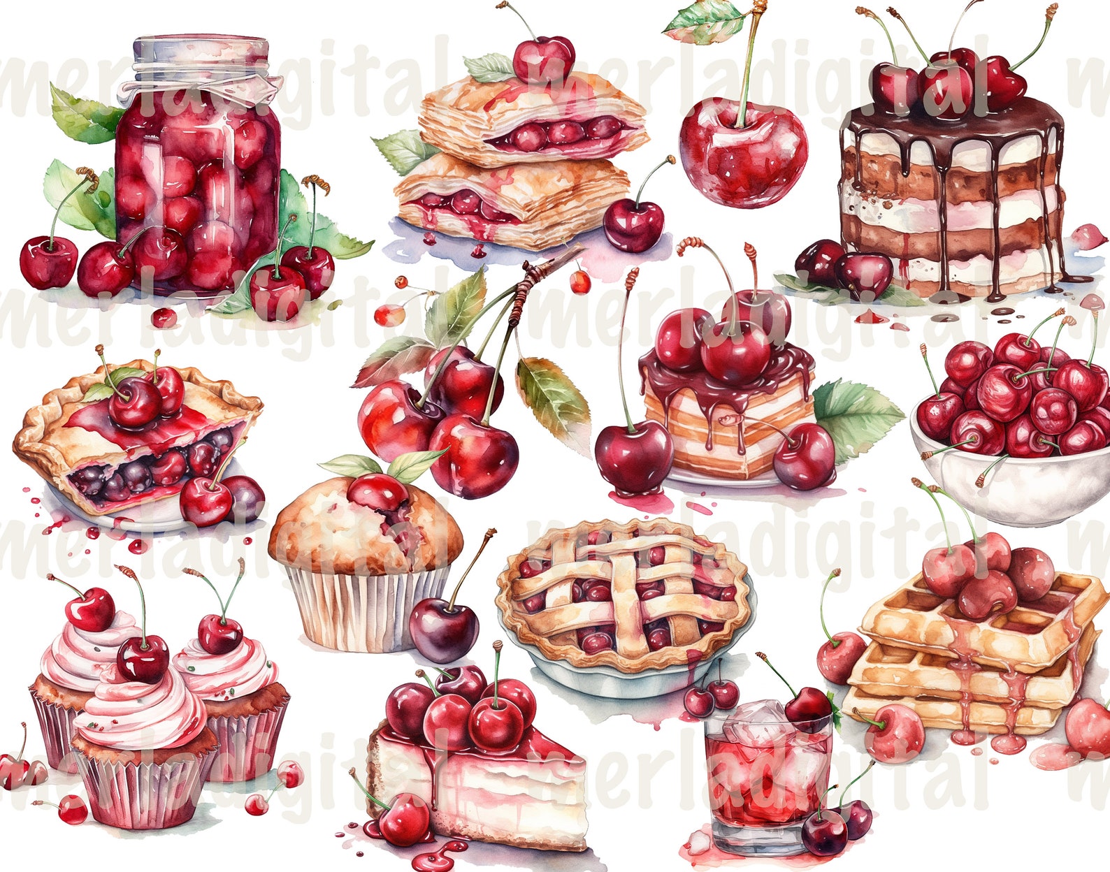 Cherry Clipart, Watercolor Cherry Goods Png. File, Digital Download ...
