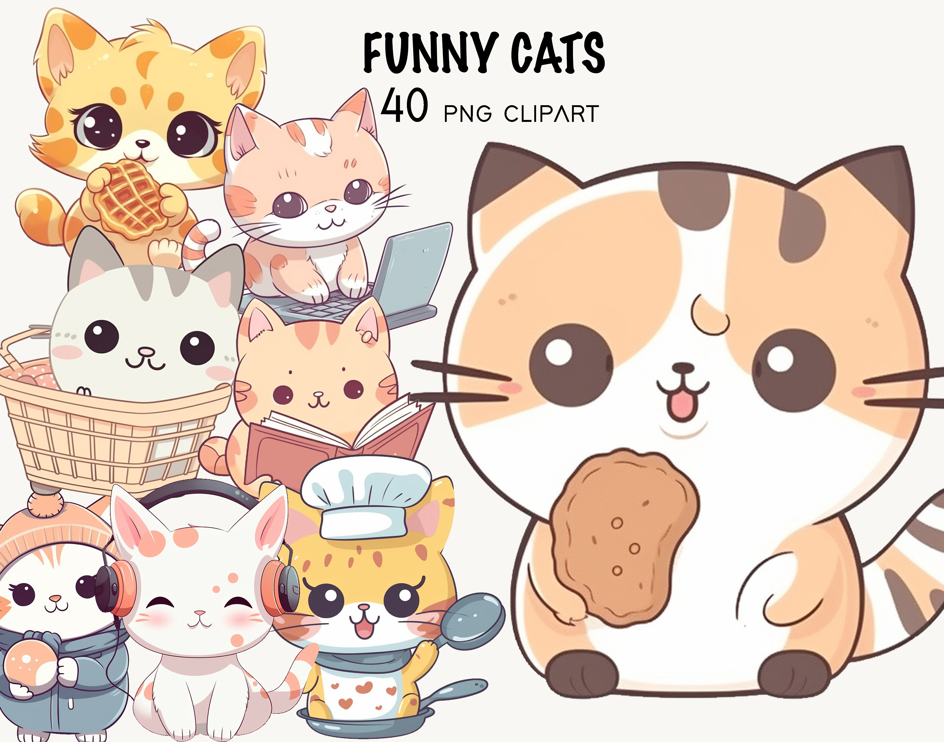 Cute Funny Cats Clipart Kawaii Cats Adorable Kittens Cat Illustration ...