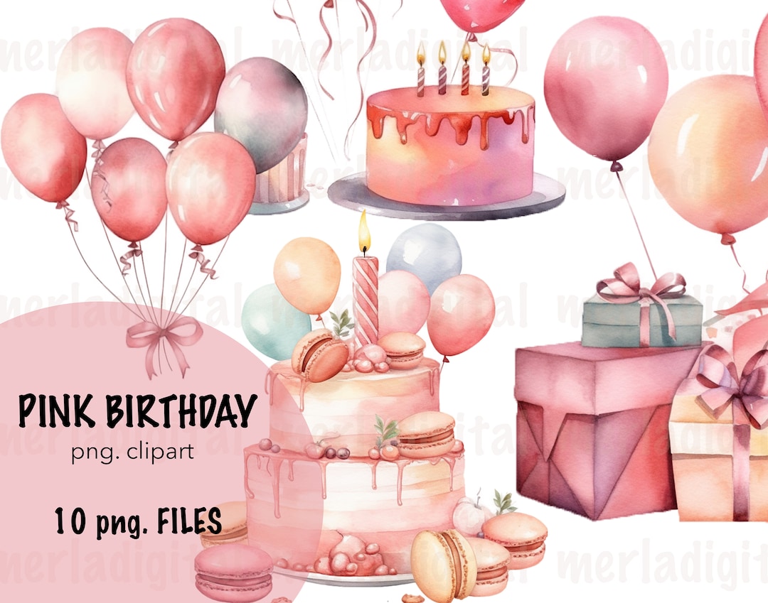 Watercolor Pink Birthday Clipart Pack, Balloons Clipart, Gift Clipart ...