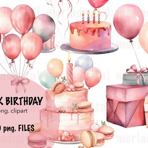 Watercolor Pink Birthday Clipart Pack, Balloons Clipart, Gift Clipart ...