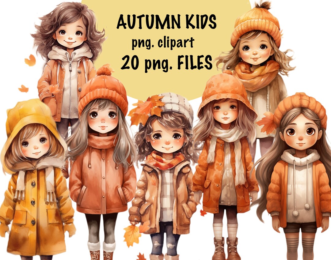 Autumn Kids Cute Watercolor Clipart, Fall Leaves Kids Clipart PNG, Kids ...