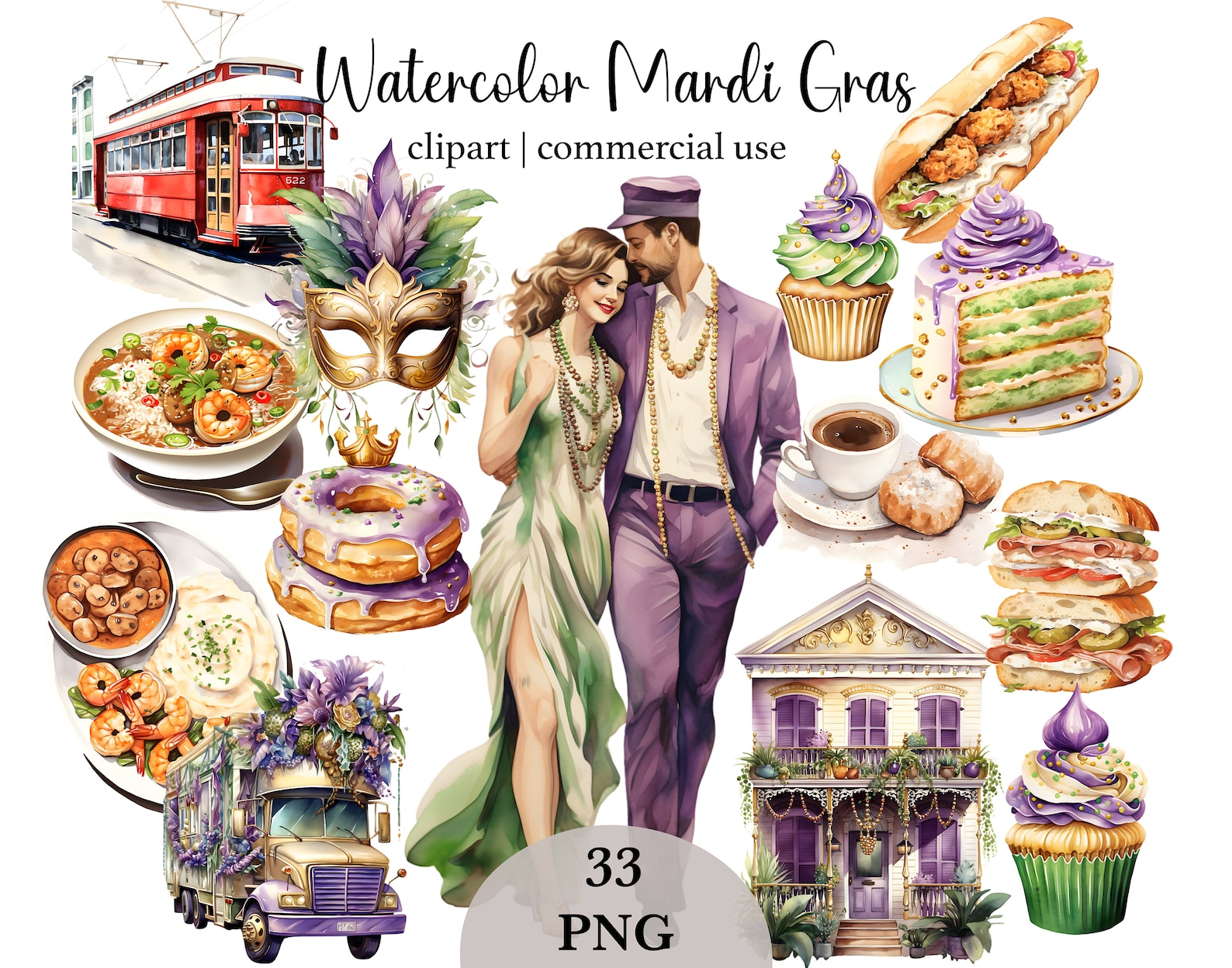 Watercolor Mardi Gras Clipart Bundle, New Orleans Carnival Graphics ...