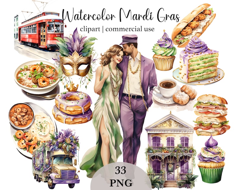 Watercolor Mardi Gras Bundle Clipart PNG New Orleans Graphics King Cake ...