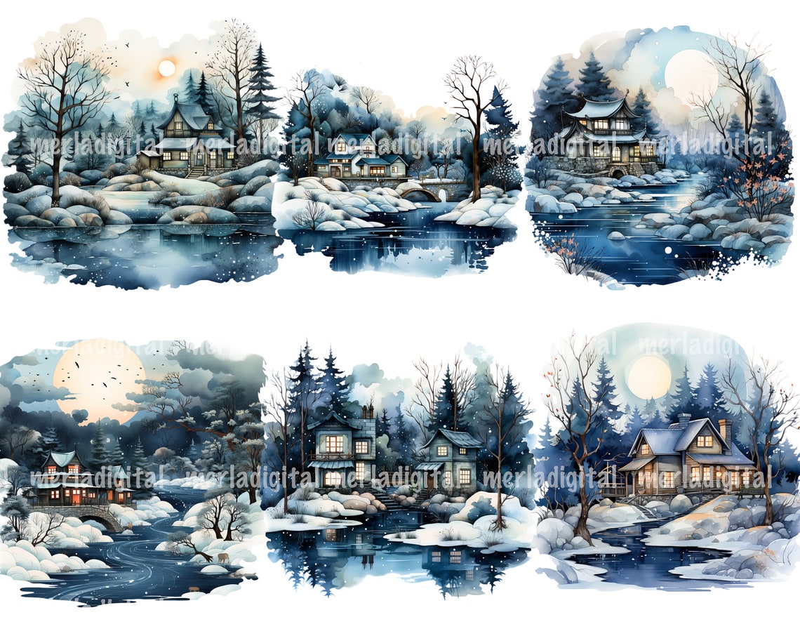 Watercolor Winter Background Winter Landscape Printable Graphics Png ...