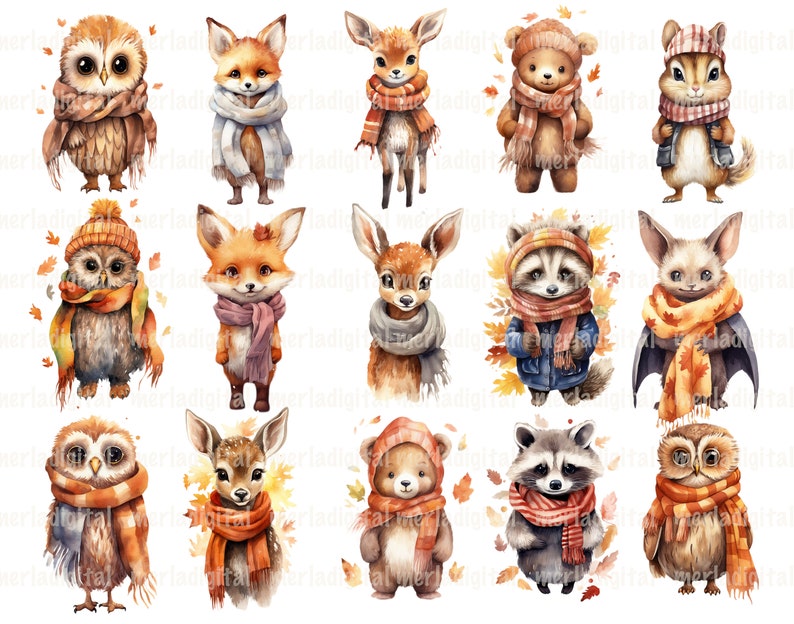 Autumn Animals PNG Clipart Bundle, Watercolor Woodland Nursery Prints ...